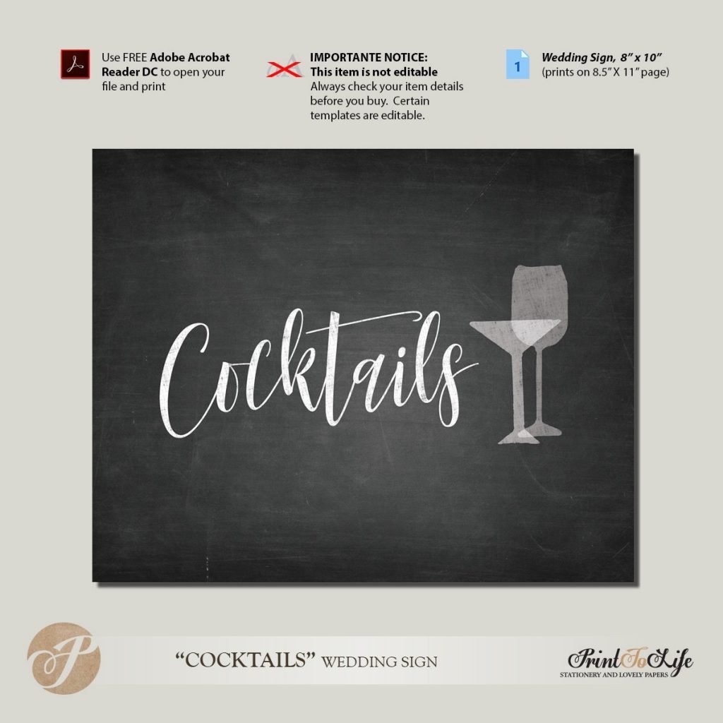 Cocktails Printable Sign, Wedding Bar Menu, Printable Chalkboard ...