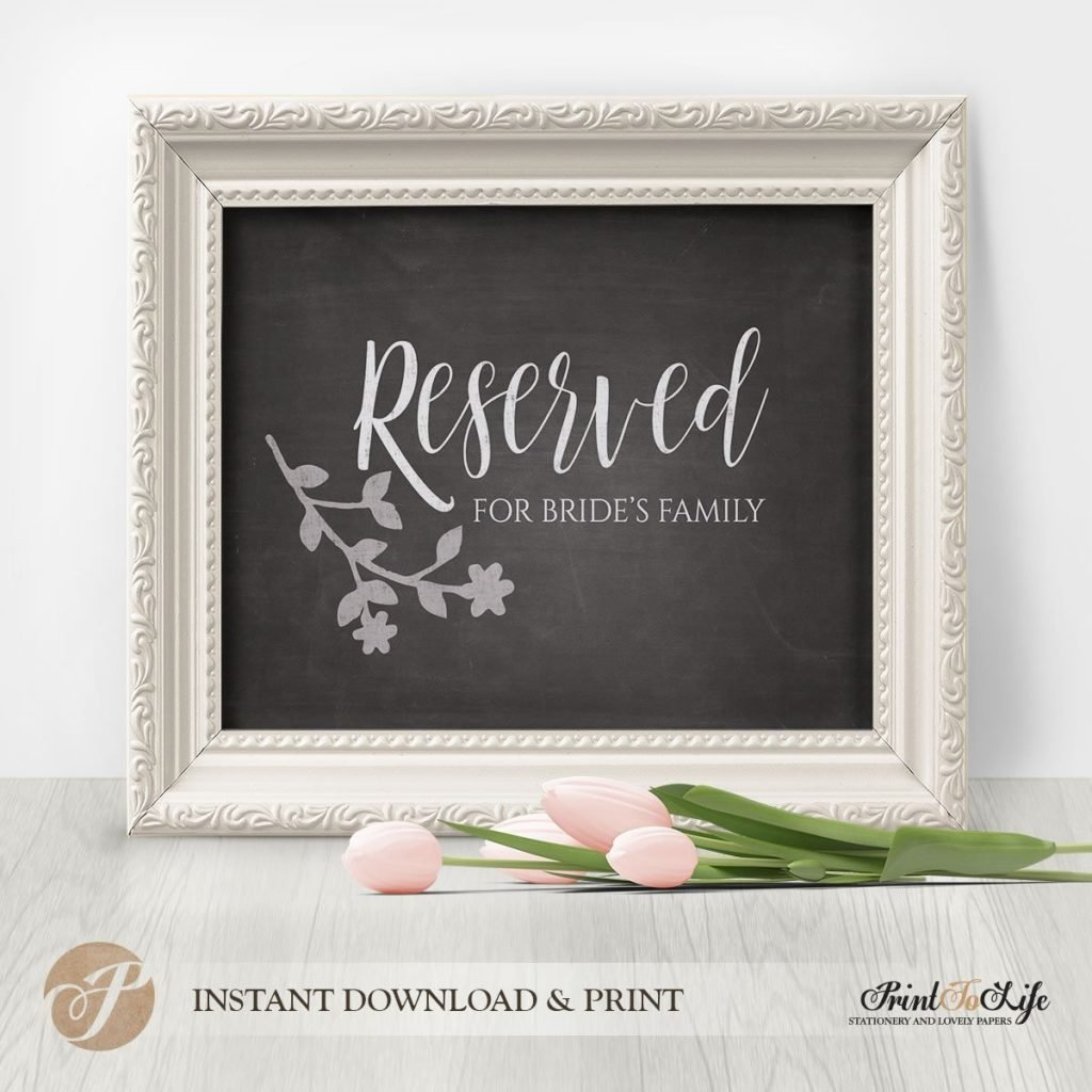 Reserved Place sign for Bride's Family, Printable Chalkboard Sign ...