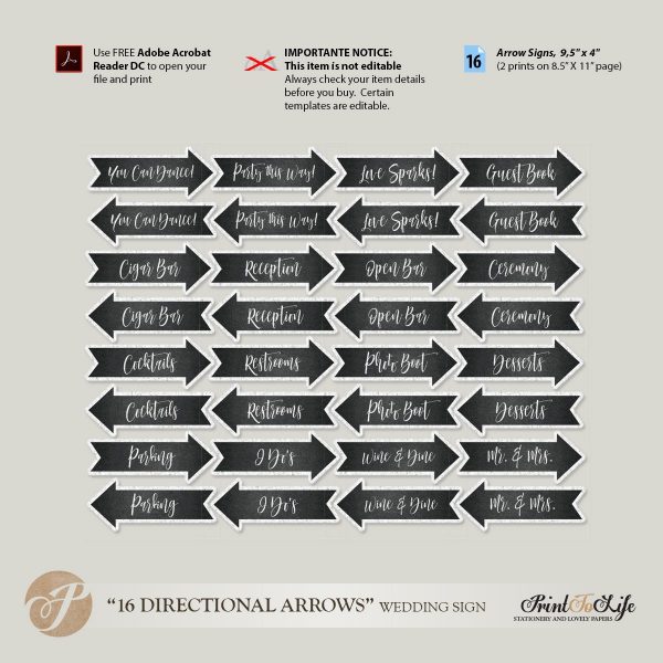 Wedding Direction Bundle, 16 Arrow Directional Signs - Printolife