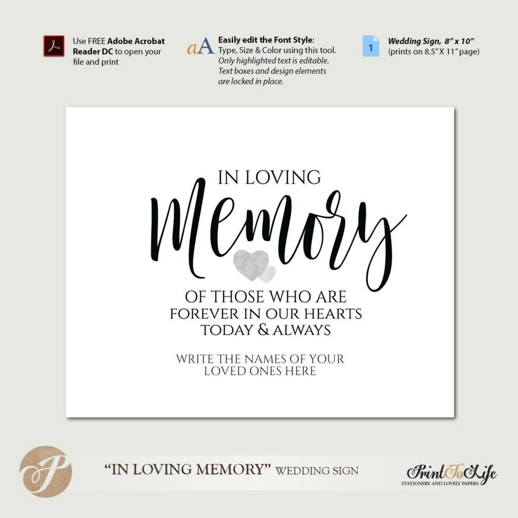 Wedding Memorial Sign, In loving Memory Sign, Printable Template ...