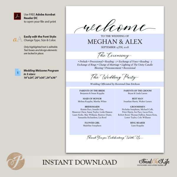 Welcome Wedding Sign and Program , Welcome Ceremony Program in 3 SIZES ...