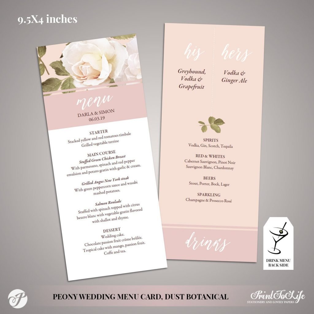 Peony Wedding Menu Template, Food & Drinks #Dusty Pink Botanical ...