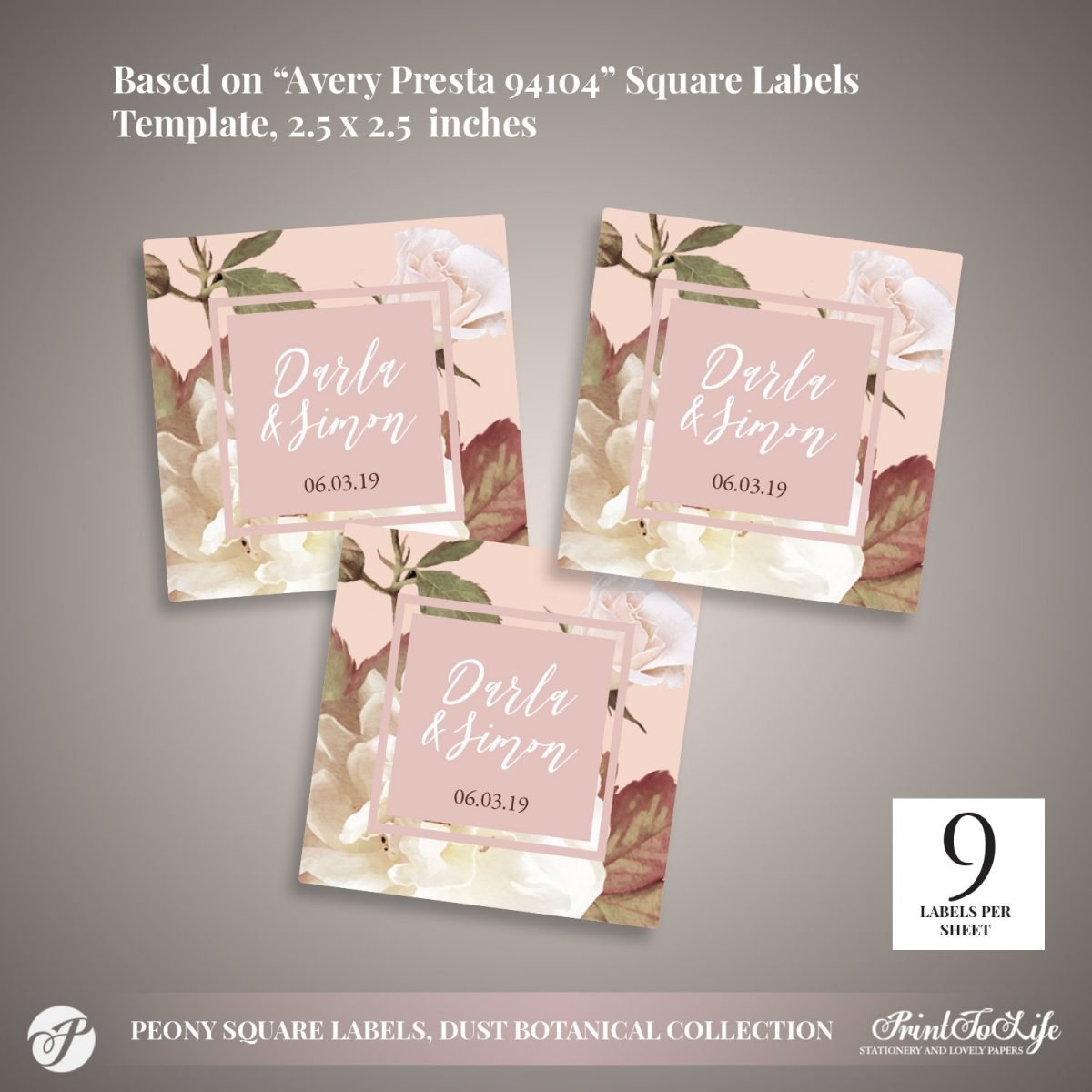 Peony Custom Wedding Labels, Favor Sticker Template, Set of 3, Square ...