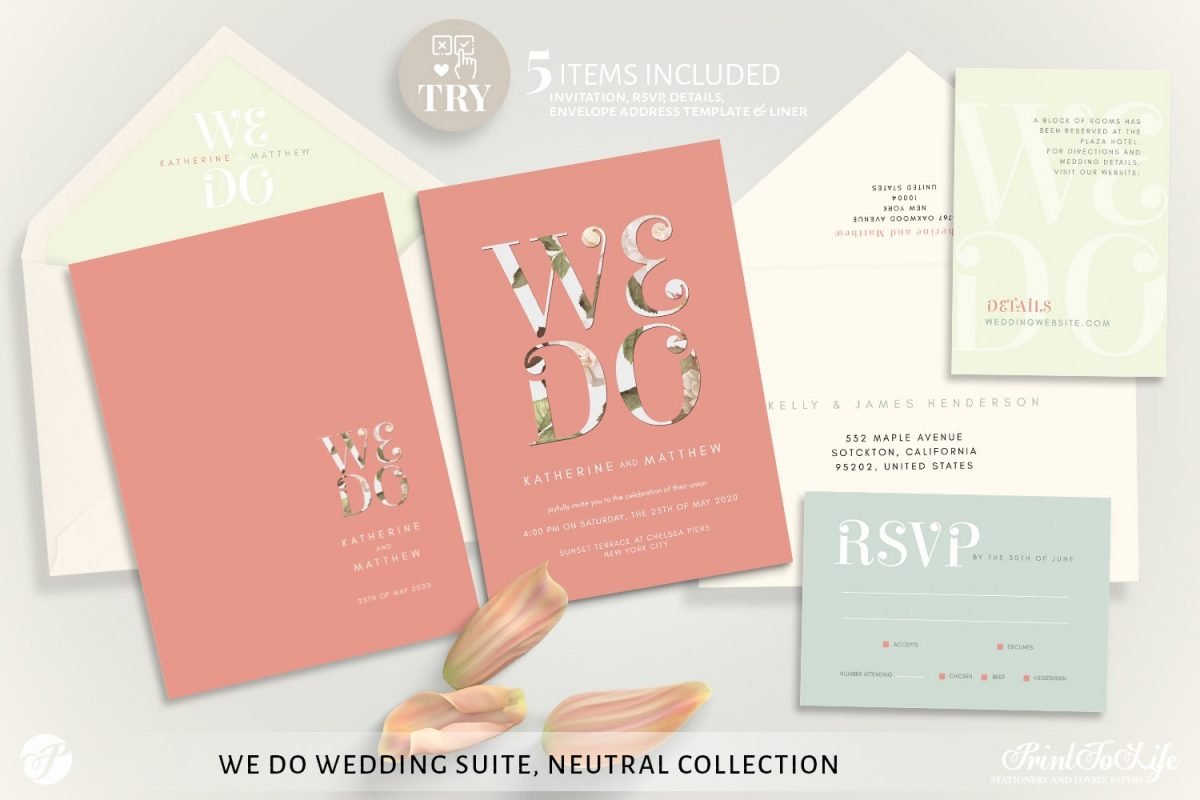 We Do Wedding Invitation Set, Coral, Gardenia and Sage Suite - Printolife