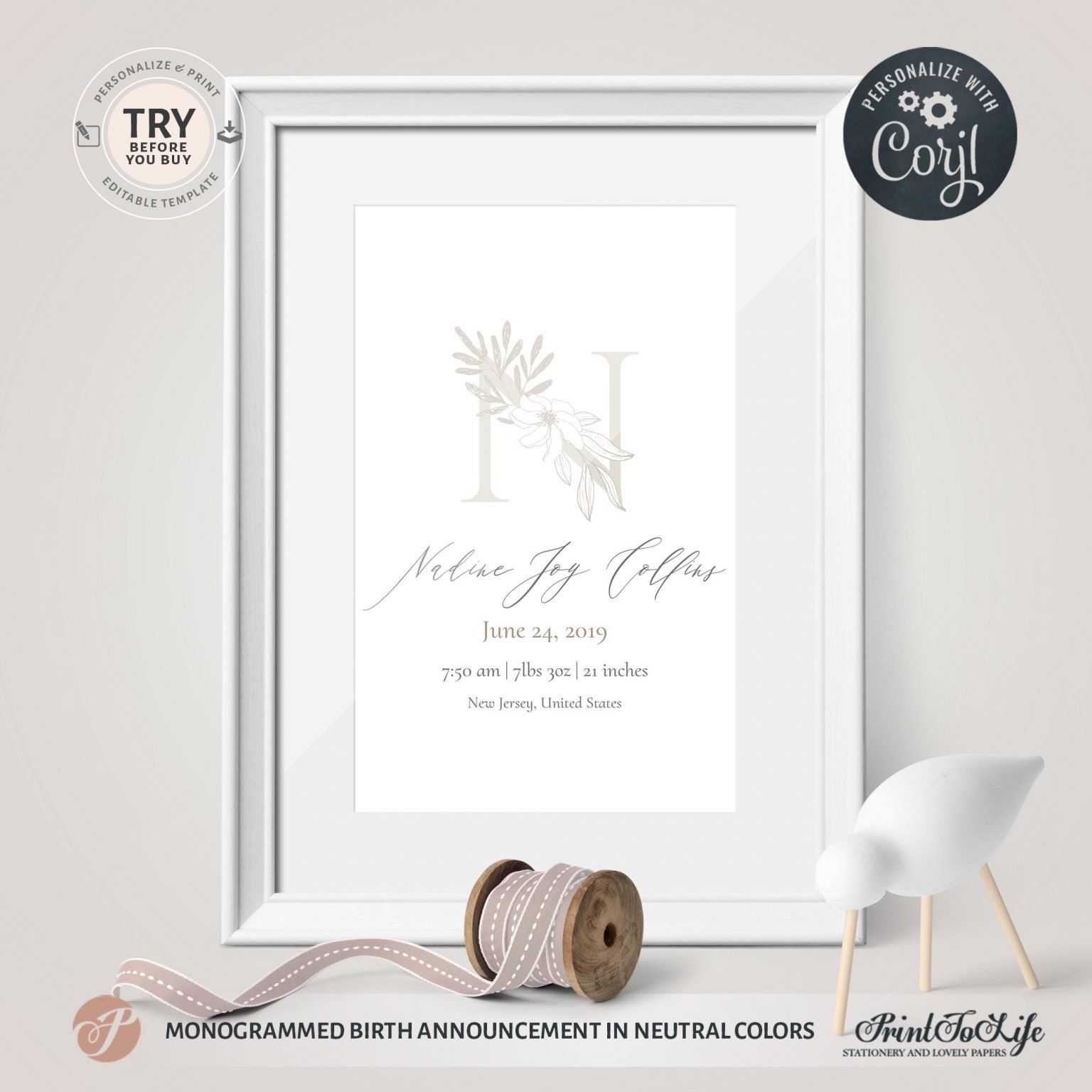 Nursery Monogram Birth Details | Monogrammed birth announcement ...