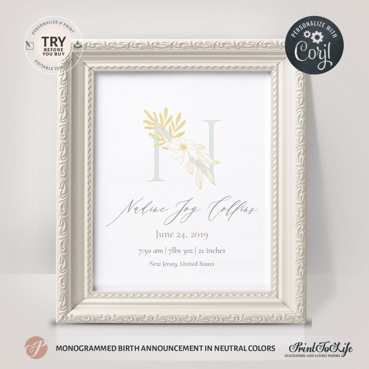 Nursery Monogram Birth Details | Monogrammed birth announcement ...