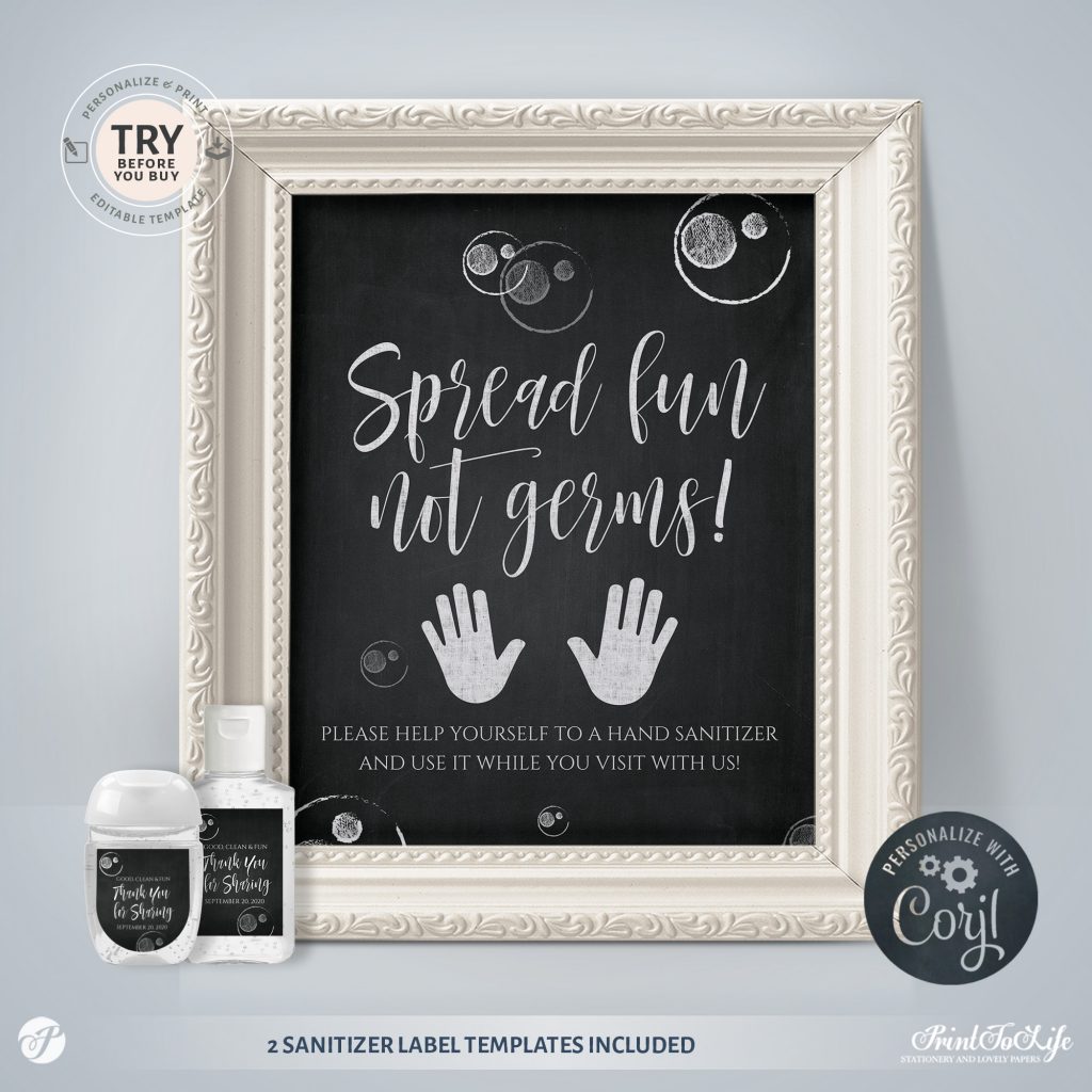 Spread Fun Not Germs Sign and labels, Hand sanitizing station + 2 ...