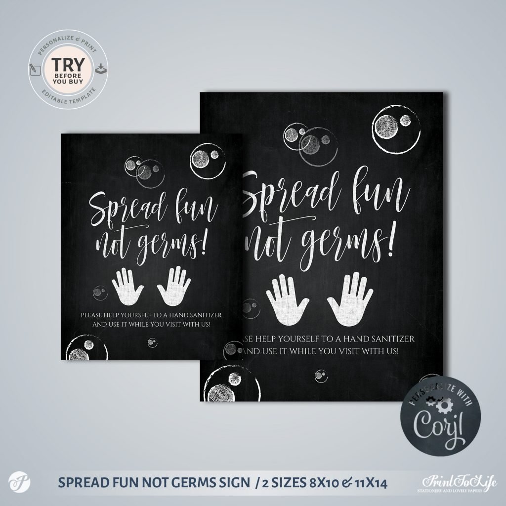 Spread Fun Not Germs Sign and labels, Hand sanitizing station + 2 ...