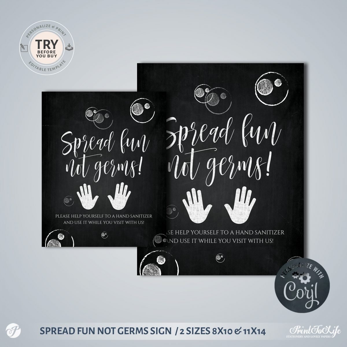 Spread Fun Not Germs Sign and labels, Hand sanitizing station + 2 ...