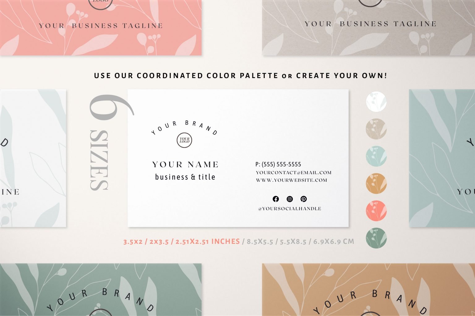 Botanical Business Cards, Set of Templates in 6 Sizes, 6 Colours ...