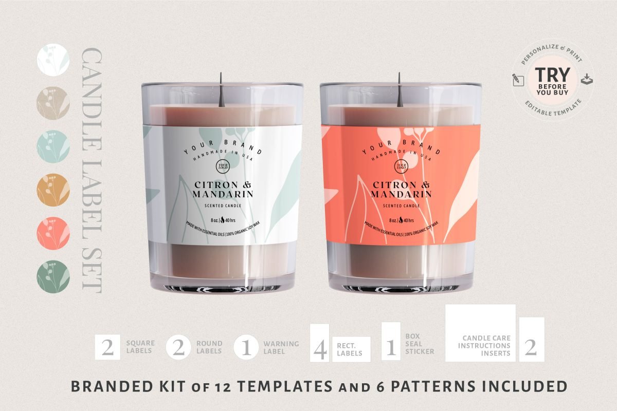 Candle Label Templates, Botanical Printable Candle Packaging Bundle, 12 ...