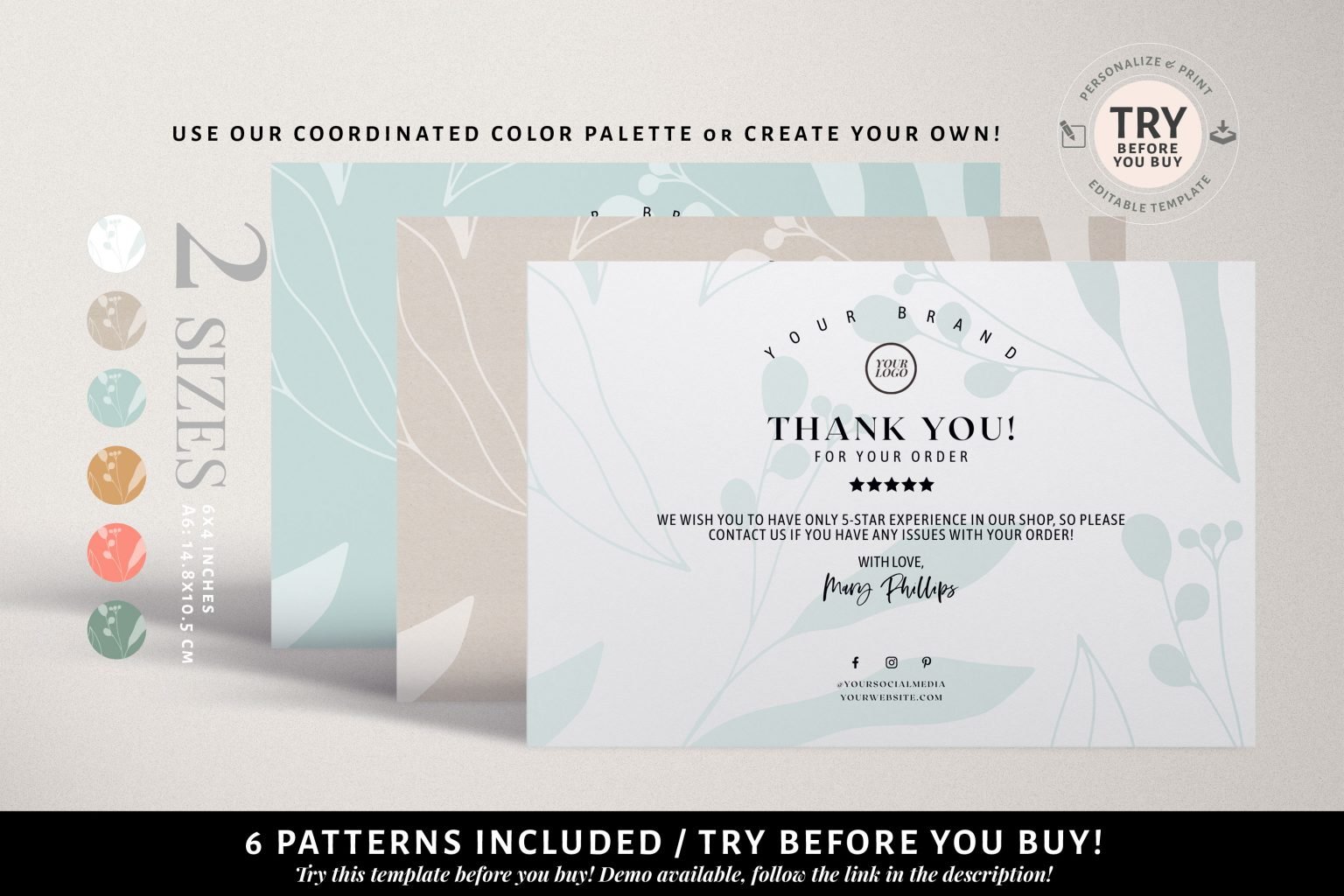 Business Thank You Card Template, Delicate Botanical Insert, with 2 ...