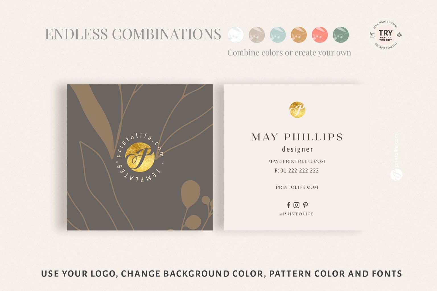 Botanical Business Cards, Set of Templates in 6 Sizes, 6 Colours ...