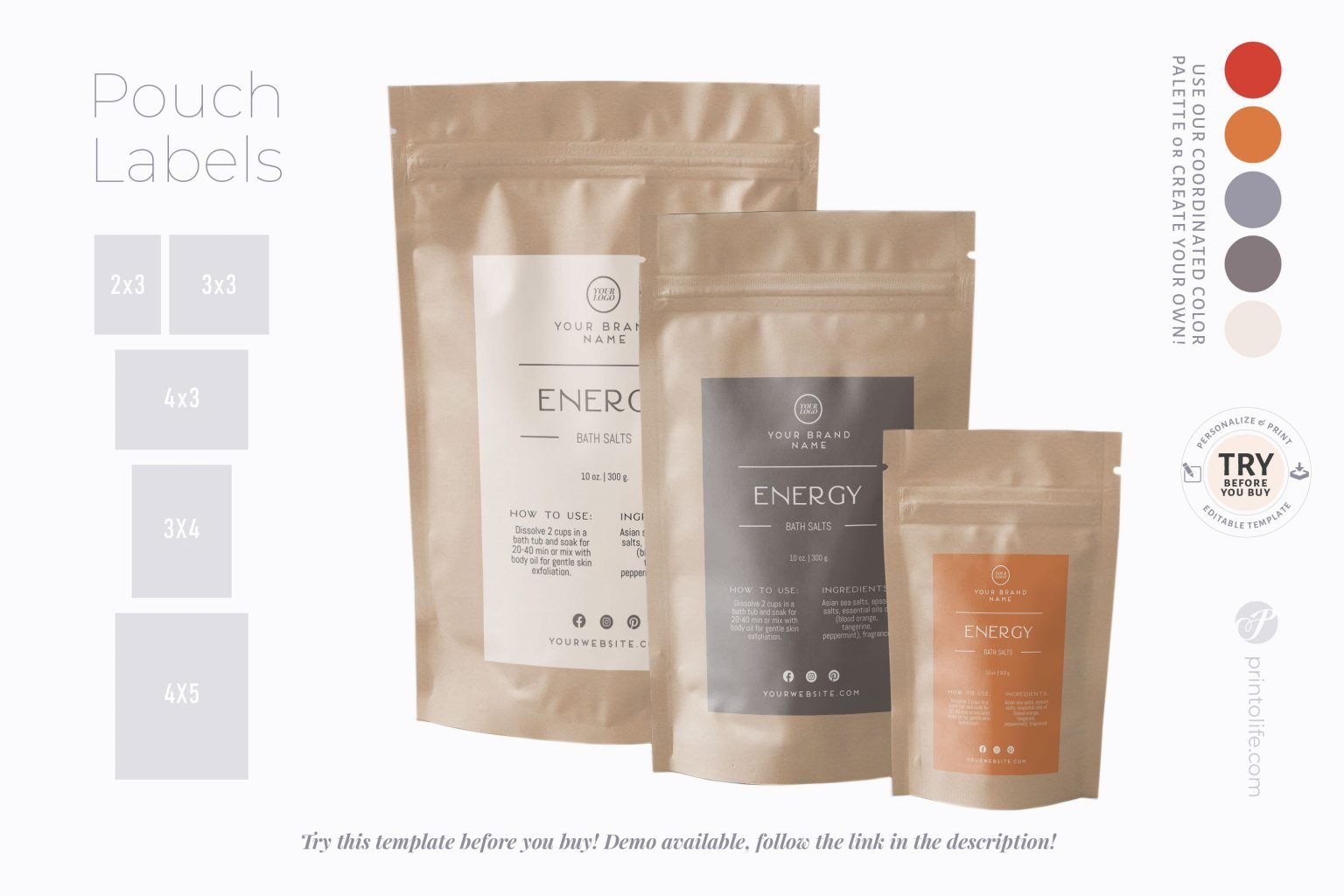 Editable Pouch Label Template, 5 Doypack Bath Salt Labels, Apothecary ...