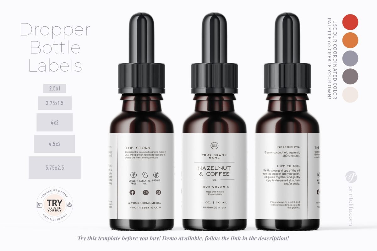 Editable Dropper Bottle Label Set for 1 oz, 2 oz and 4 oz, Apothecary ...
